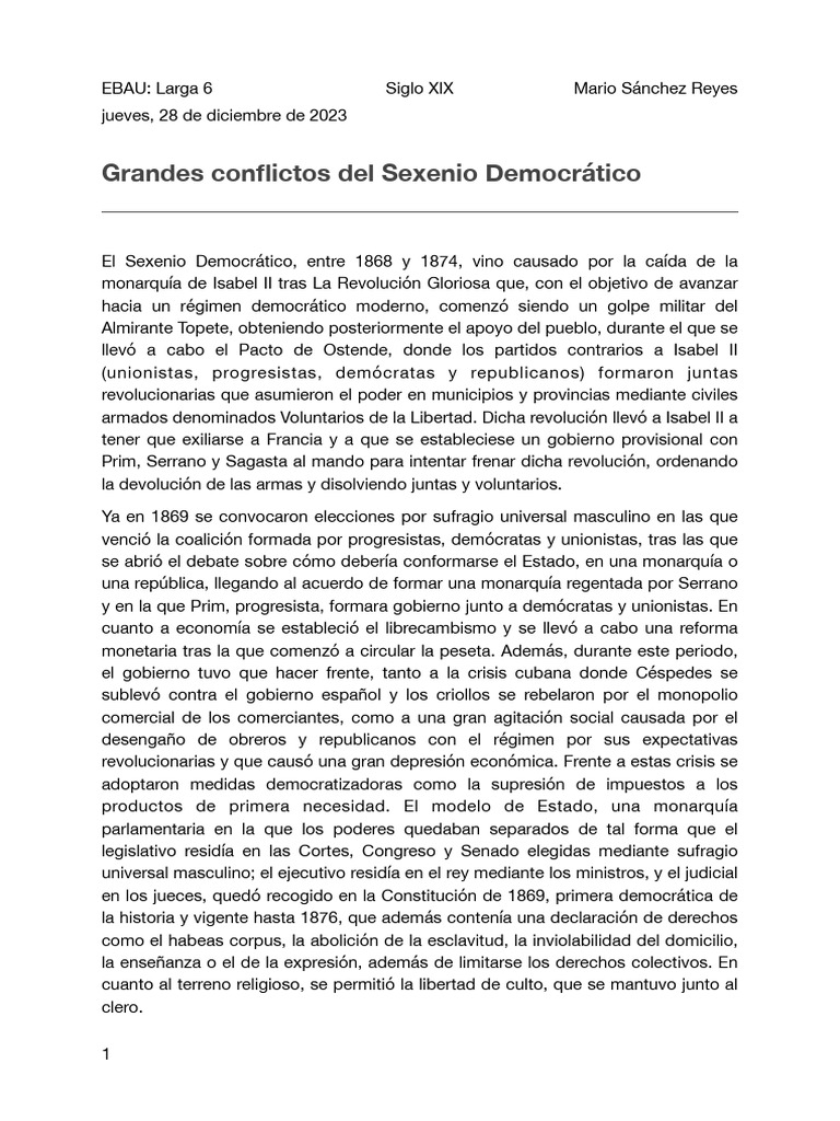 Conflictos del Sexenio Democrático | PDF | Gobierno | España