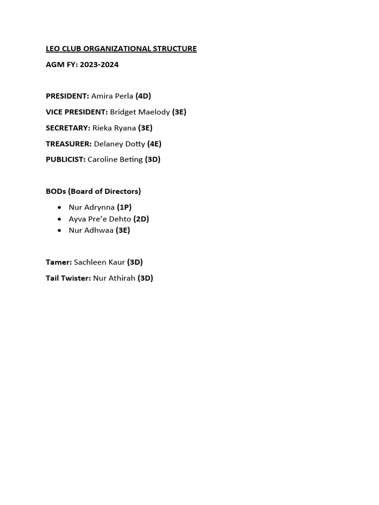 Leo Club Organizational Structure (Fy 2023-2024) | PDF
