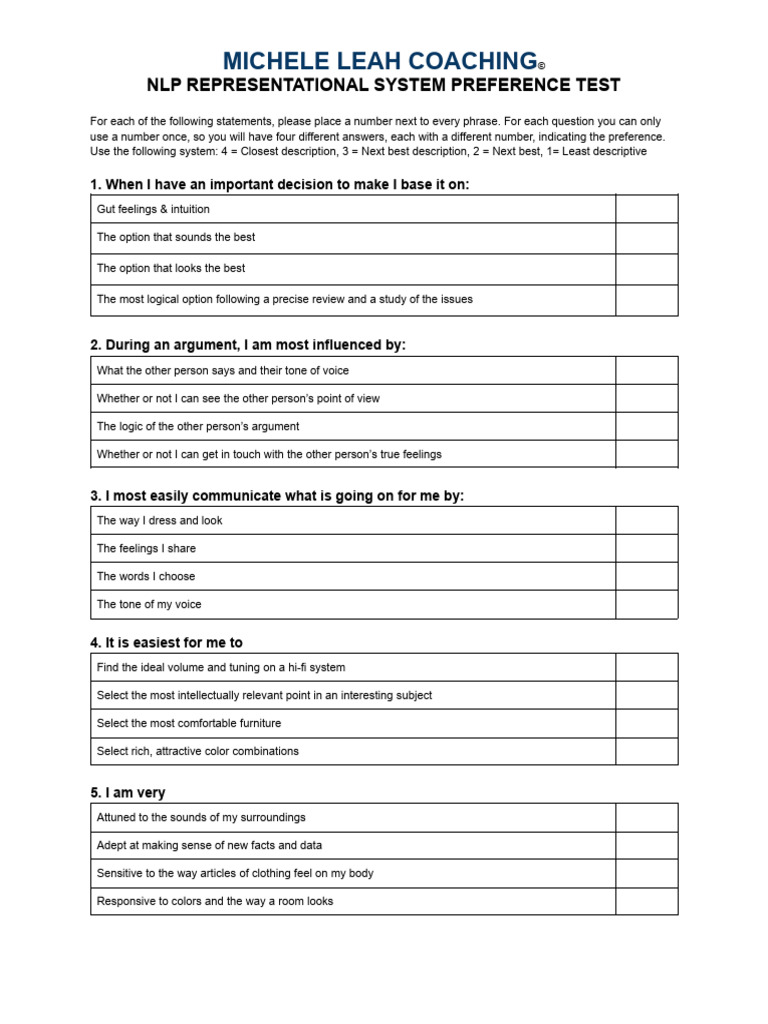 NLP Representational System Preference Test | PDF | Communication ...