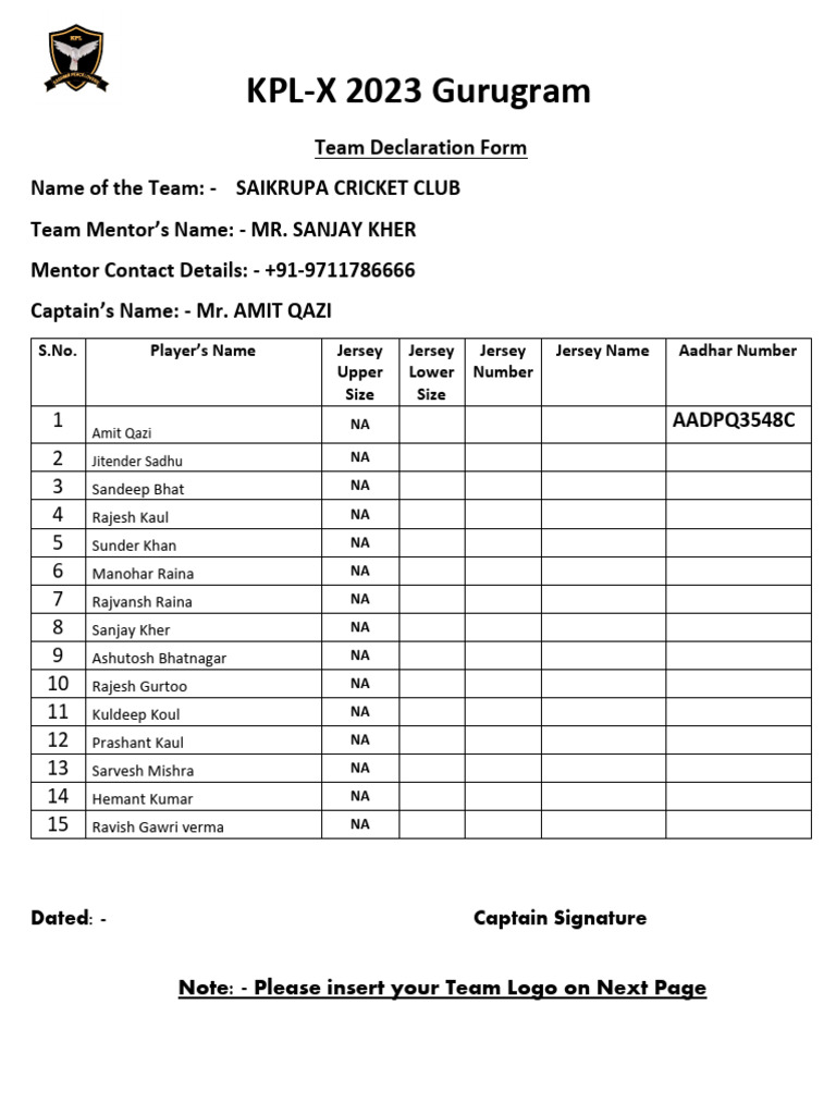 KPL-X 2023 Team Declaration Form | PDF
