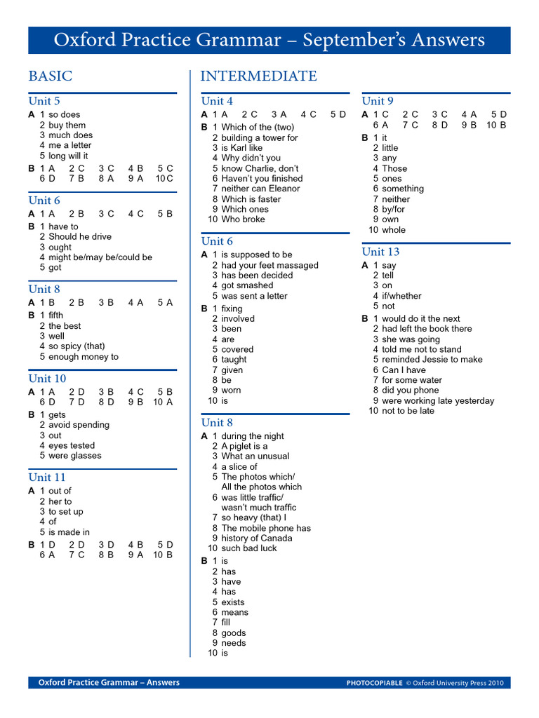 Oxford Practice Grammar Answers Guide | PDF