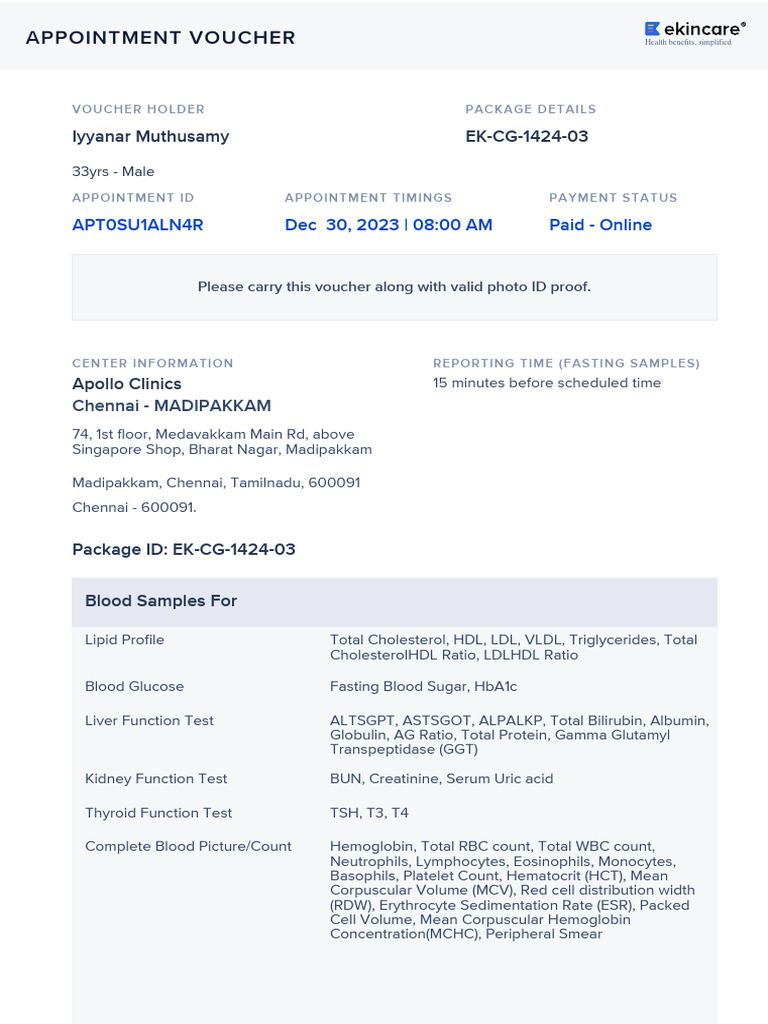 Appointment Voucher | PDF | Red Blood Cell | Medical Specialties