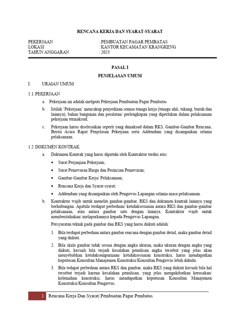 RKS Pagar Belakang Kecamatan Krangkeng | PDF