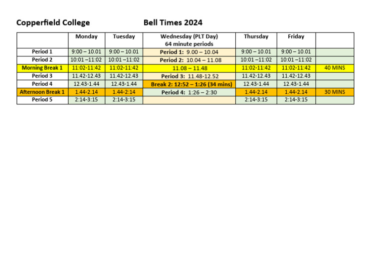 Copperfield College Bell Times 2024 | PDF