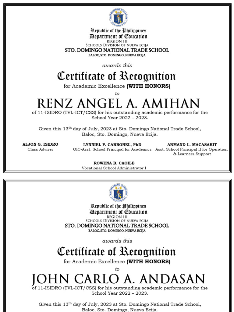Certificate of Recognition For Academic Excellence Template | PDF