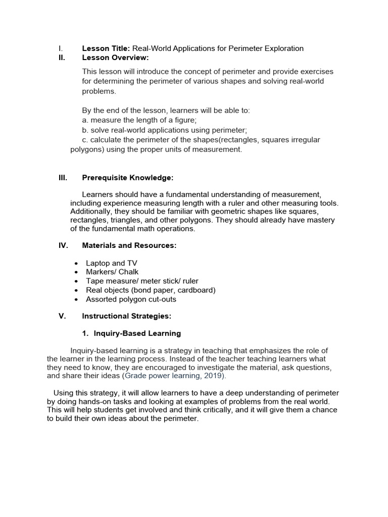 Real-World Perimeter Applications Lesson | PDF | Learning | Inquiry ...
