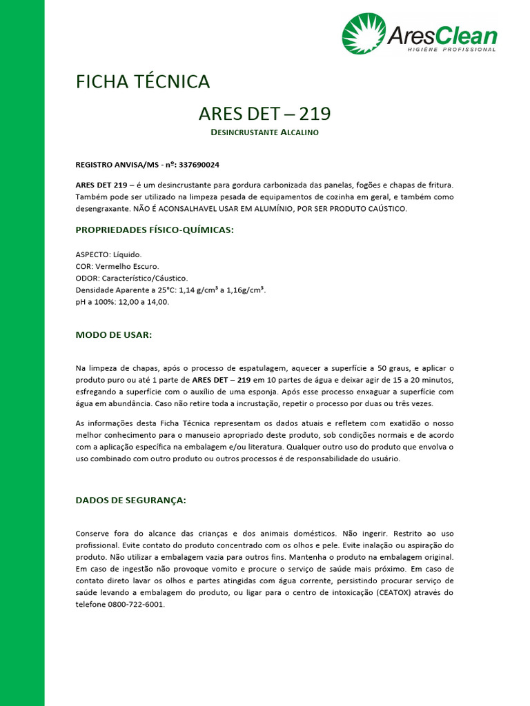 Ficha Técnica - Ares Det 219 | PDF | Bem-estar | Ciências e Matemática