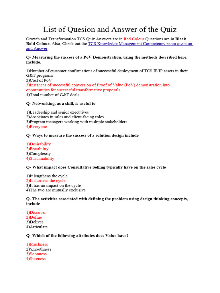 G&T TCS Quiz Q&A Overview | PDF | Sales | Design Thinking