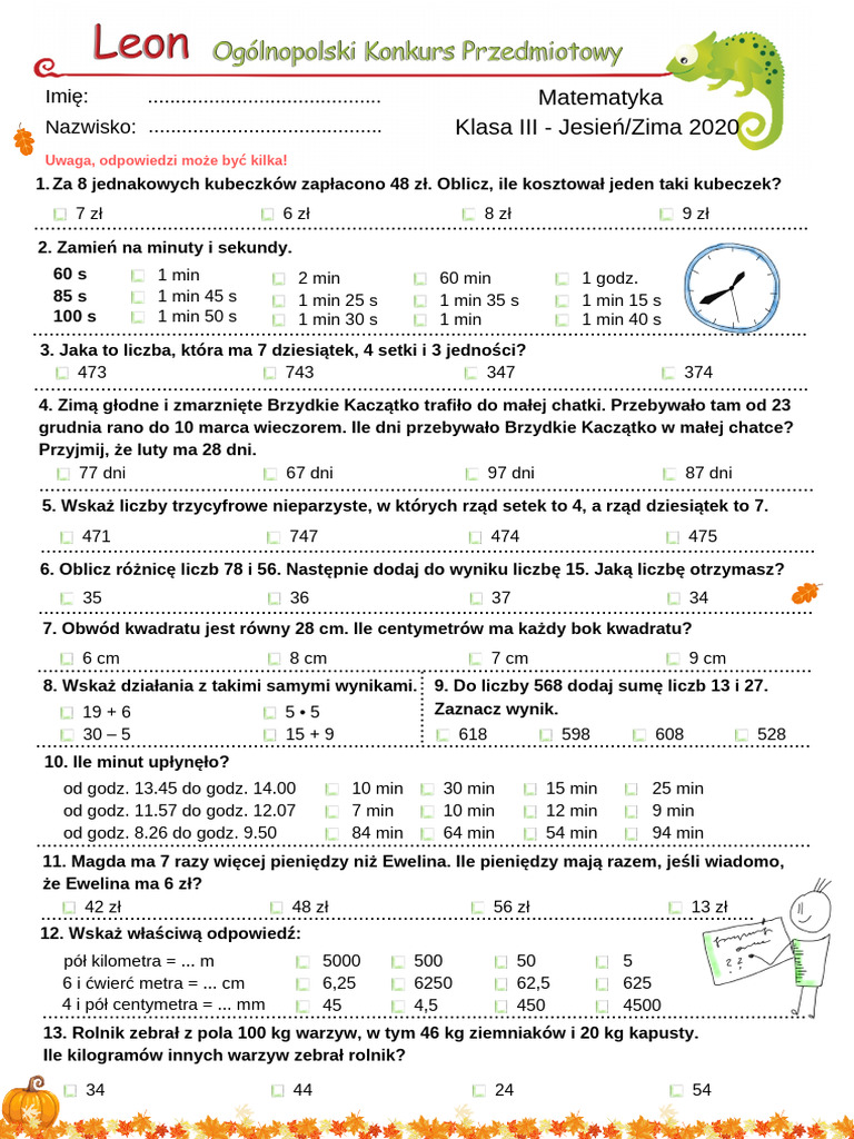 Matematyka Klasa 3 Jesie_ 2020 | PDF