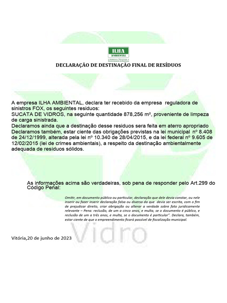 Modelo de Declaracao de Destinacao Final de Residuos | PDF