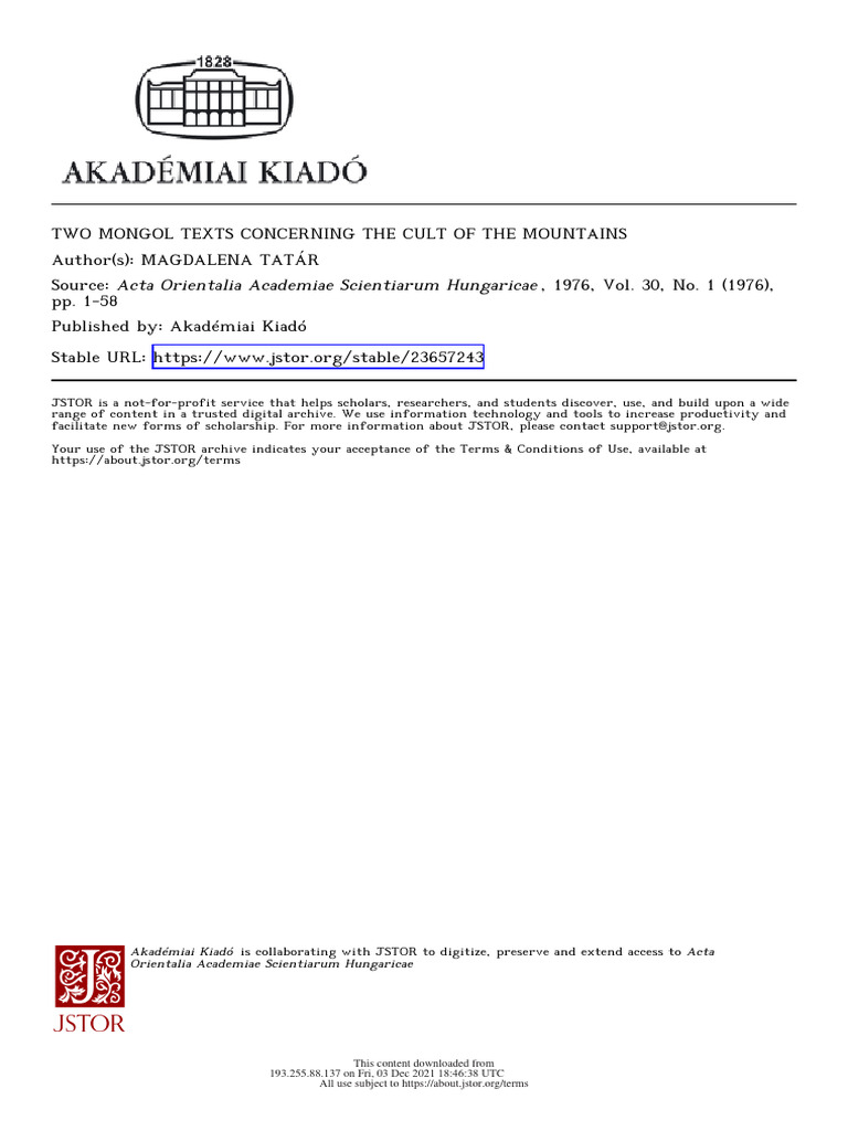 1976 - MAGDALENA TATÁR - TWO MONGOL TEXTS CONCERNING THE CULT OF THE ...