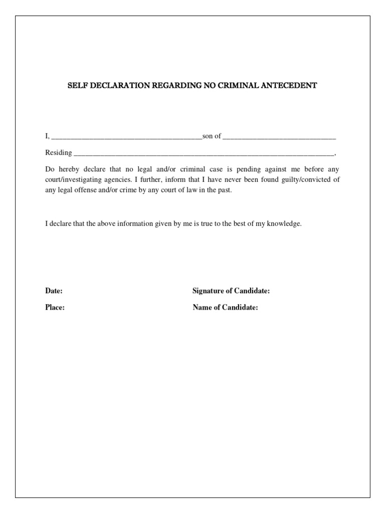 Self Declaration Regarding No Criminal Antecedent | PDF