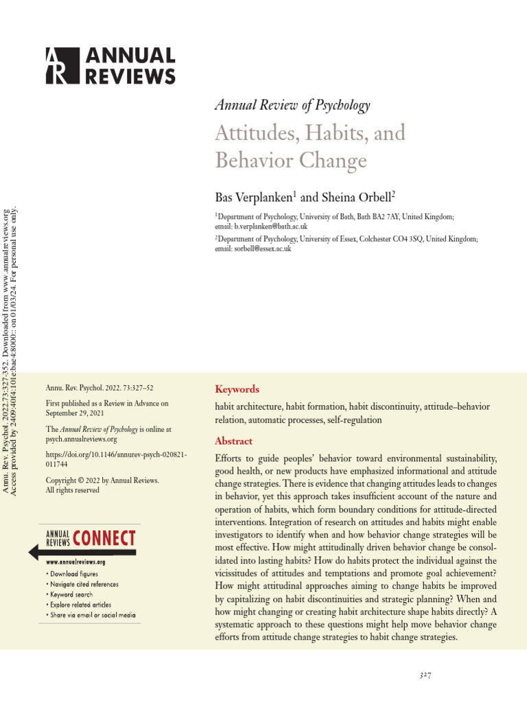 Verplanken Orbell 2022 Attitudes Habits and Behavior Change | PDF ...