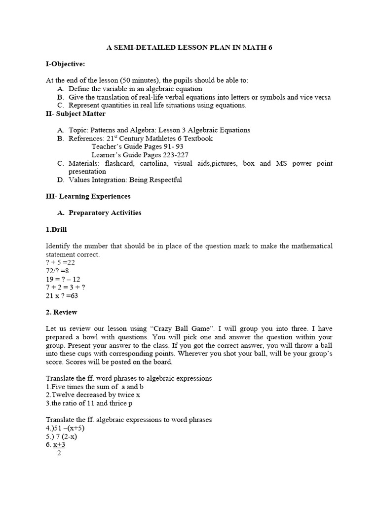 Lesson Plan For CO | PDF | Equations | Numbers