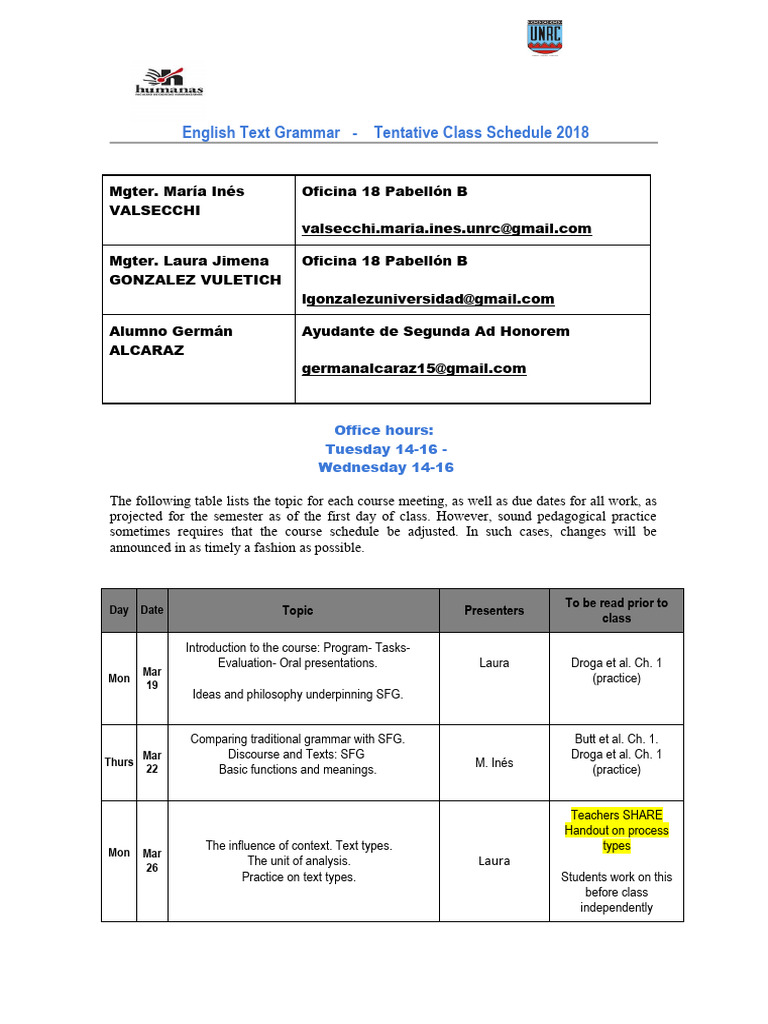 Schedule - Text Grammar - 2018 | PDF | Ellipsis | Pedagogy