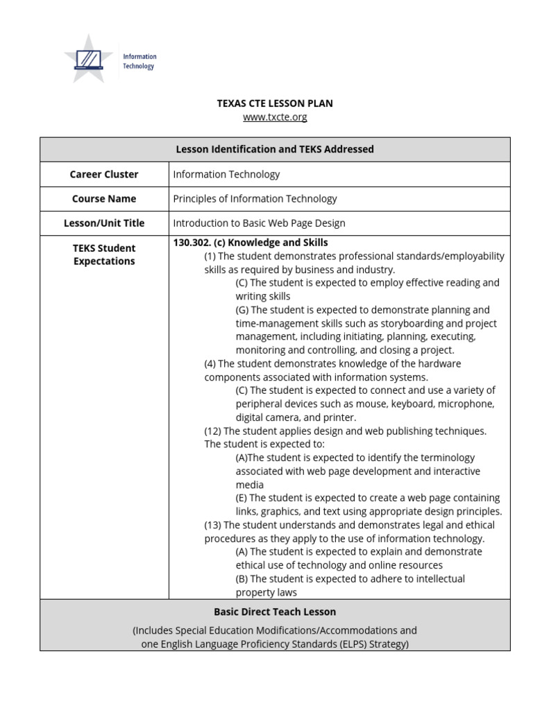 Lesson Plan Introduction To Basic Web Page Design0 Pdf World Wide Web Internet And Web 
