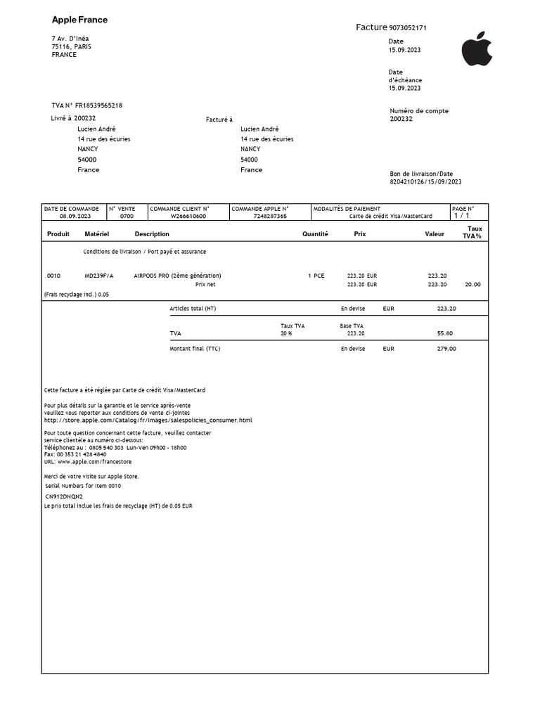 Facture AirPods Pro 2 | PDF