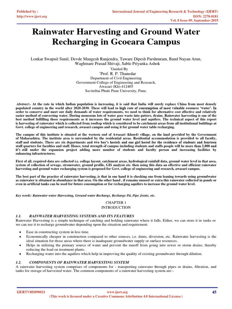 Rainwater Harvesting and Ground Water Recharging in Gcoeara Campus ...