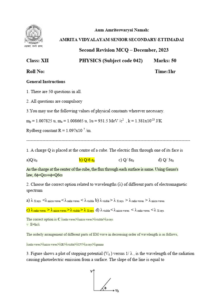 12 Rev MCQ Ans Key | PDF | Electron | Atoms