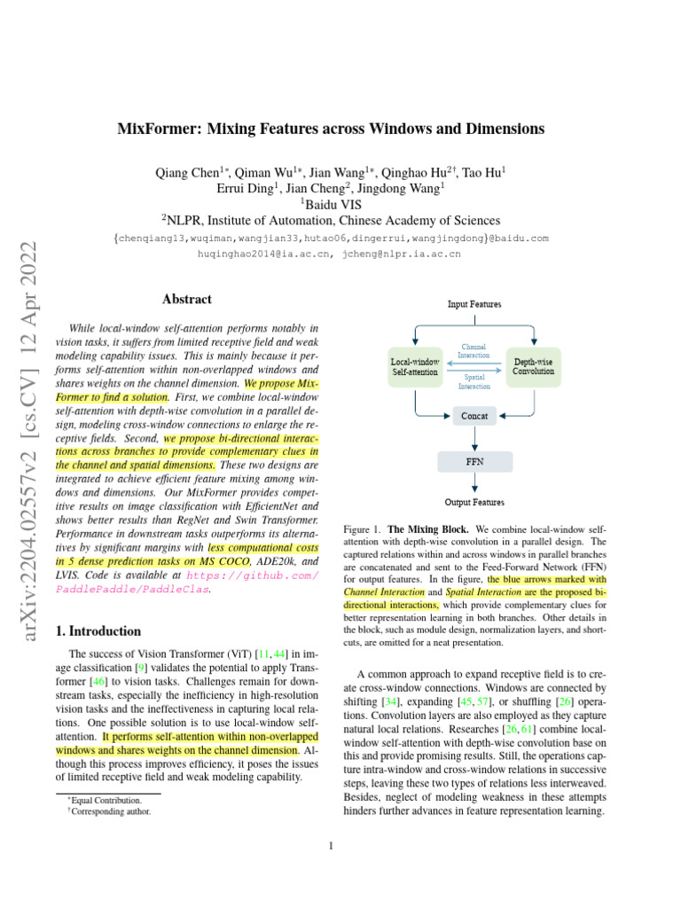 MixFormer Mixing Features Across Windows and Dimensions | PDF | Applied Mathematics | Artificial ...