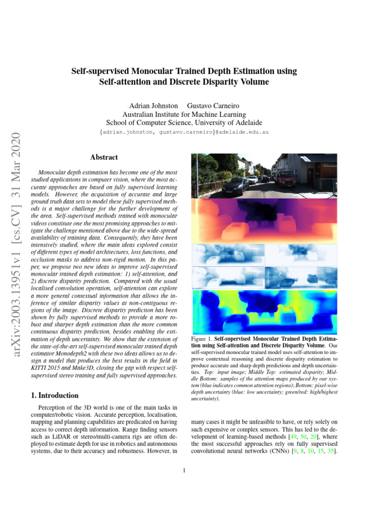Self-Supervised Monocular Trained Depth Estimation Using Self-Attention and Discrete Disparity ...