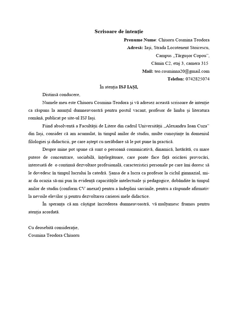 scrisoare de intenție | PDF