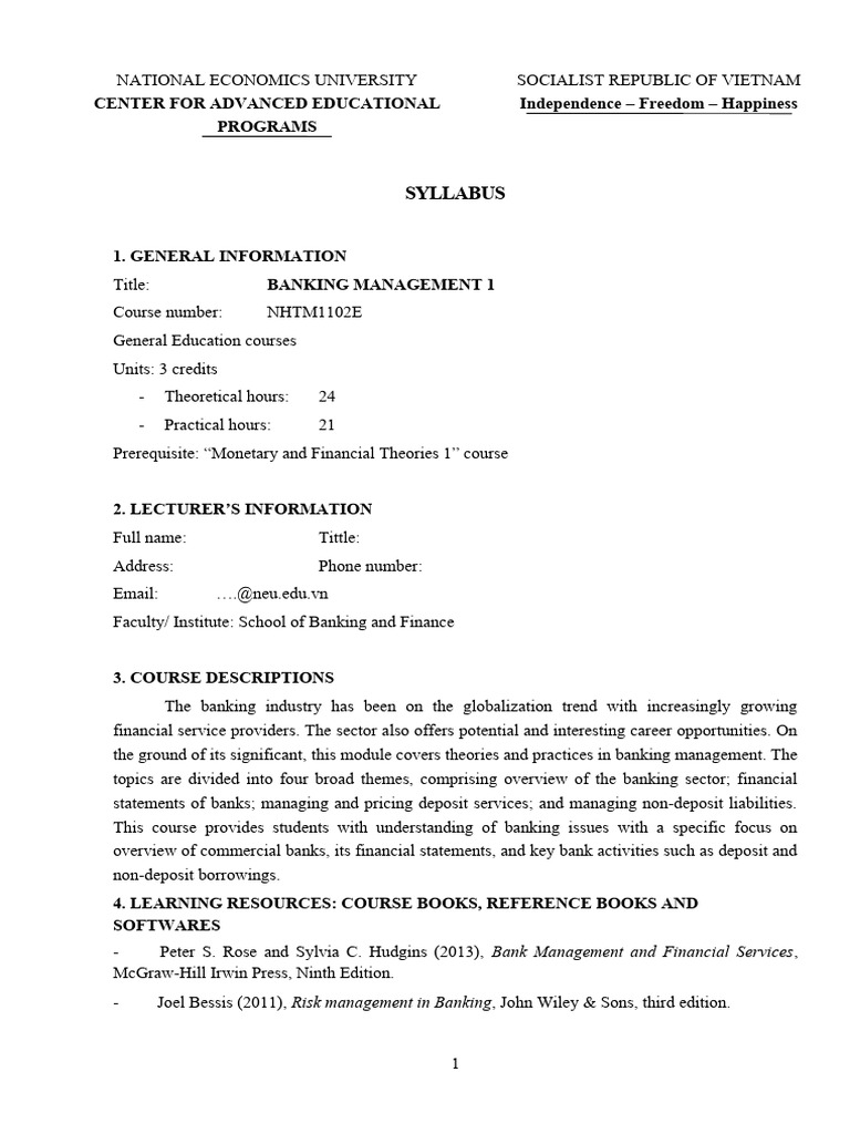Banking Management Course Syllabus | PDF | Banks | Deposit Account