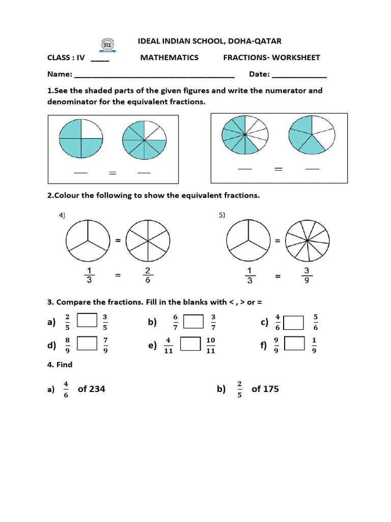Class 4 Fractions Winter Holiday Homework | PDF