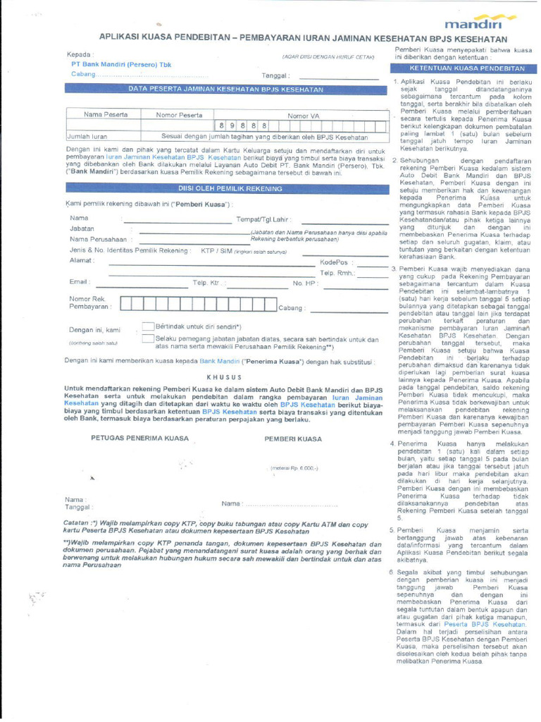 Form Autodebet Bank Mandiri | PDF