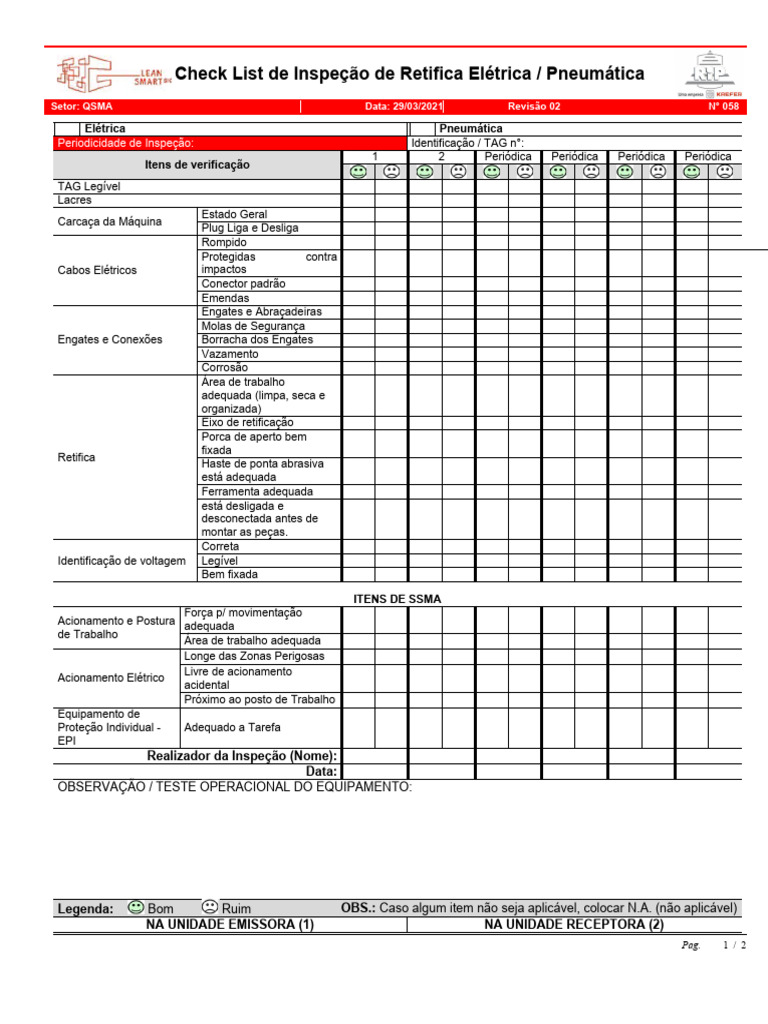 IT G 09 001 - Check List 058 - Rev 02 - Retífica Elétrica e Pneumática | PDF | Moagem (corte ...