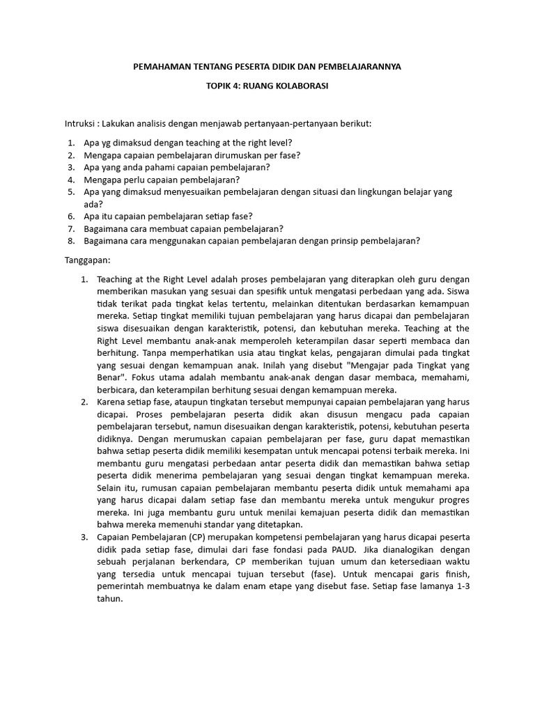 PEMAHAMAN PESERTA DIDIK KOLABORASI TOPIK 4 | PDF
