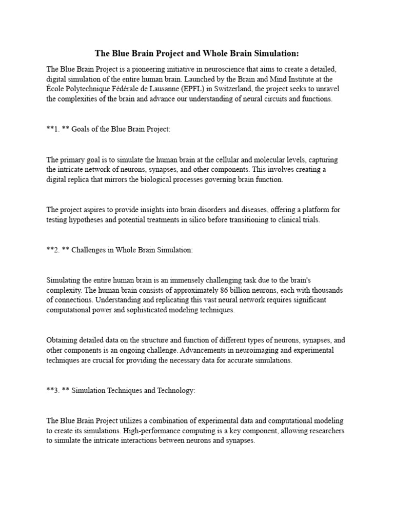 The Blue Brain Project and Whole Brain Simulation | PDF | Brain | Neuroscience