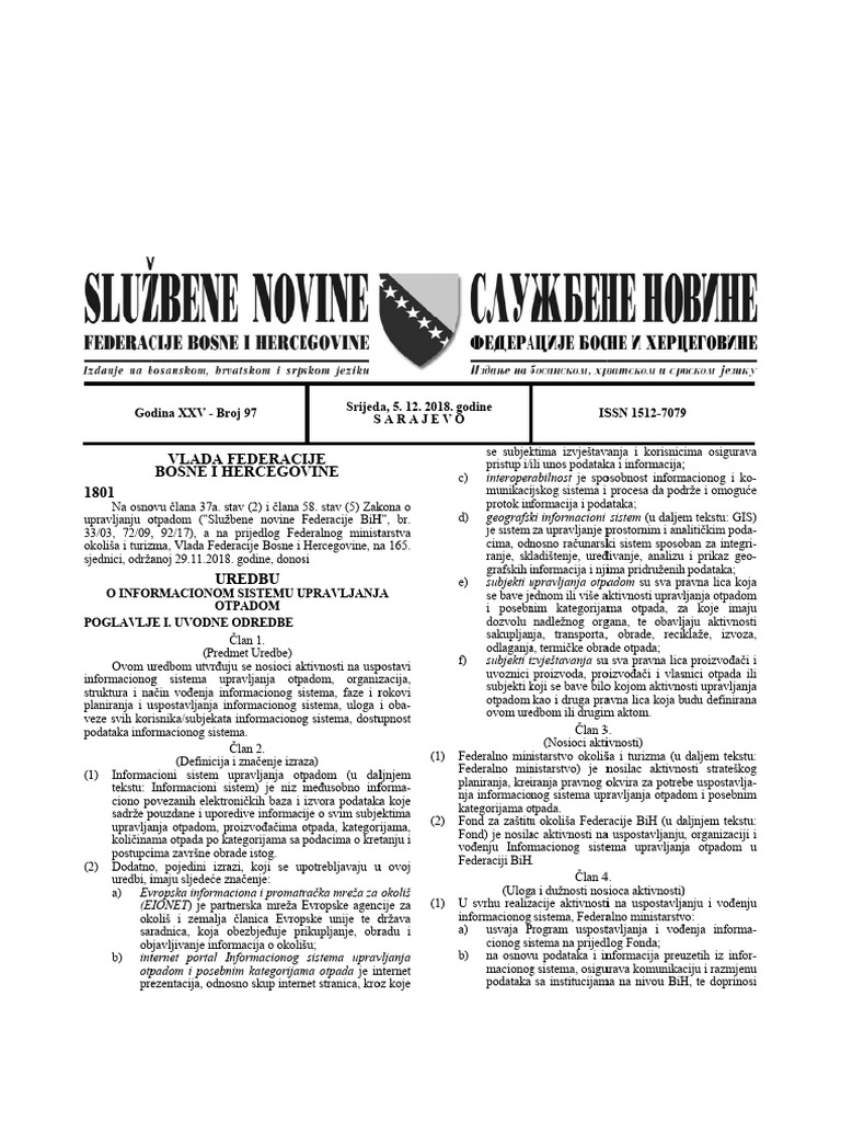 Uredba Informacini Sistem Upravljanje Otpadom - 97-18 | PDF