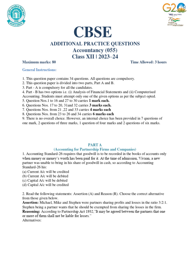 XII Accountancy Sample PQ & MS (23-24) | PDF | Balance Sheet | Equity ...