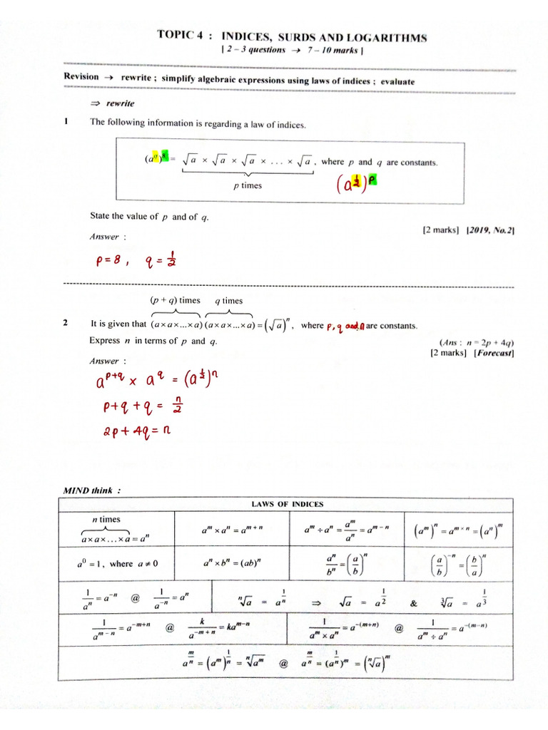 f4 4indices, Surds and Logarithms (Answer) | PDF