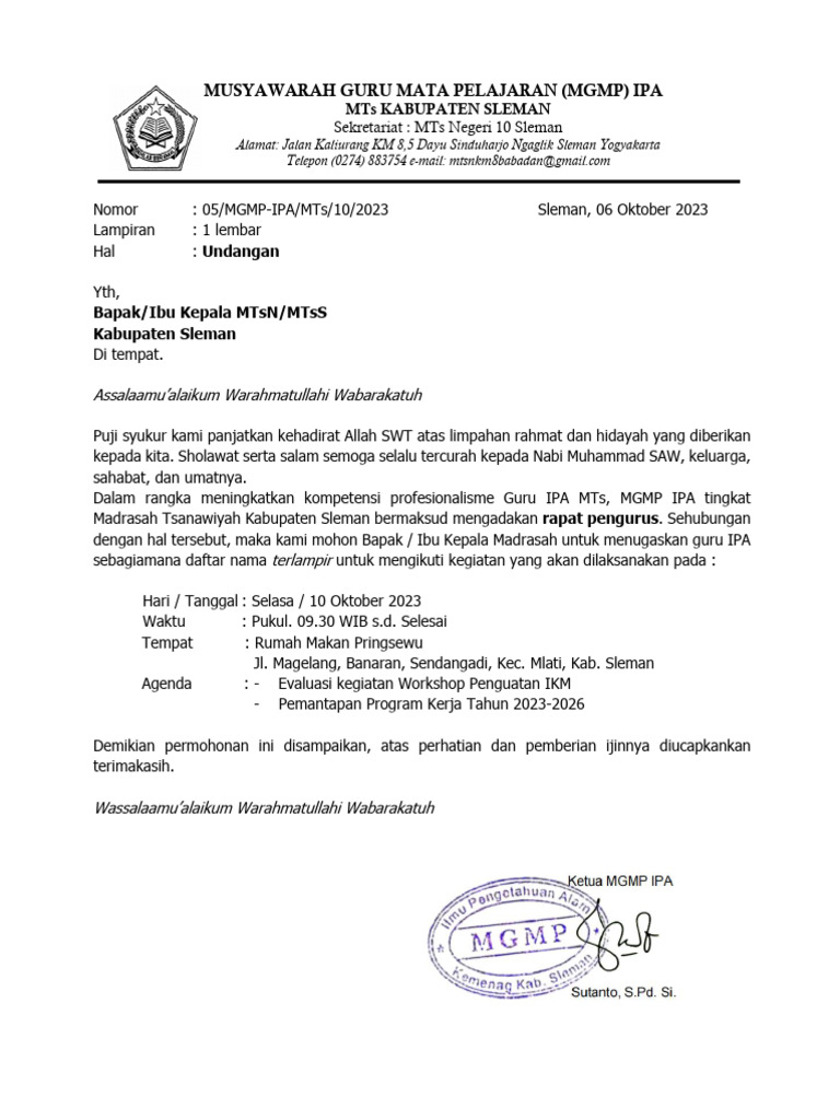 Undangan Rapat Pengurus MGMP Okt 2023 | PDF