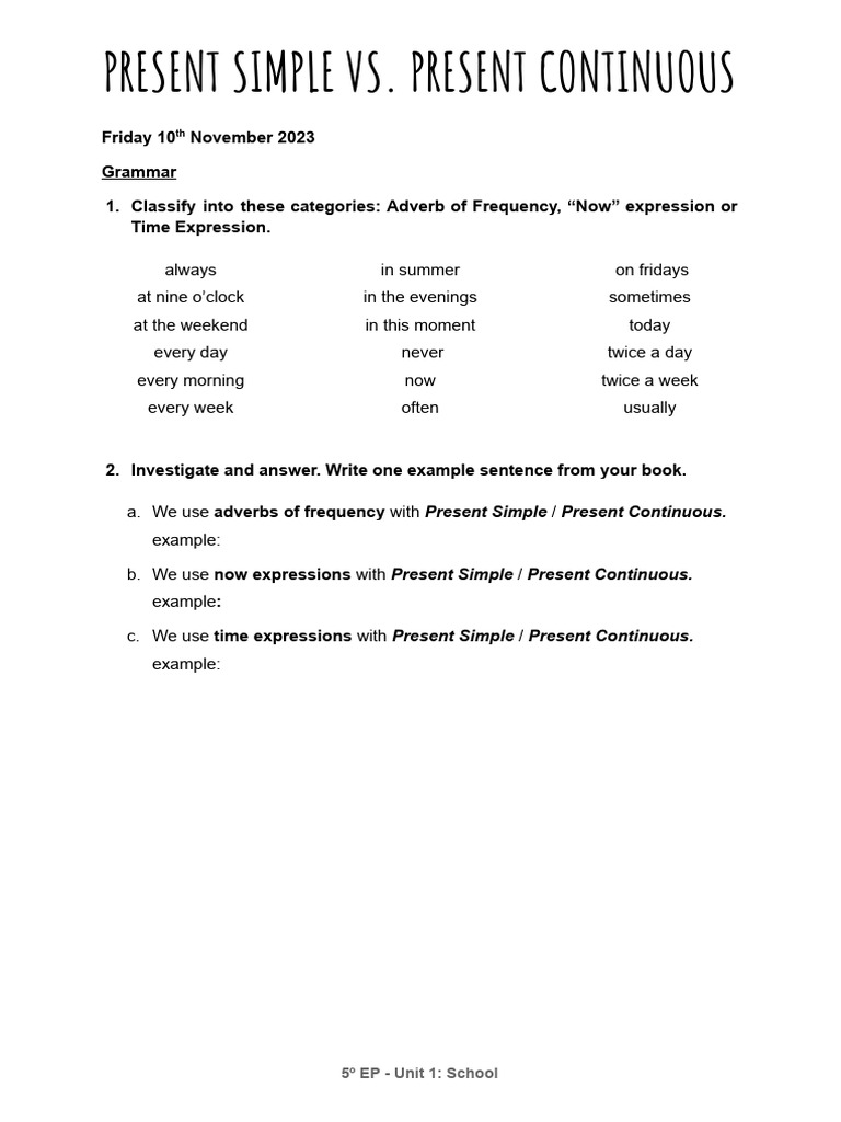 5º EP Unit 1 Present Simple vs. Present Continuous | PDF 5º EP Unit 1 Present Simple vs. Present Continuous | PDF