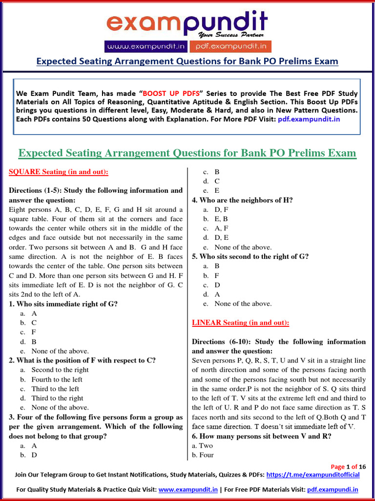 Expected Seating Arrangement Questions Pdf