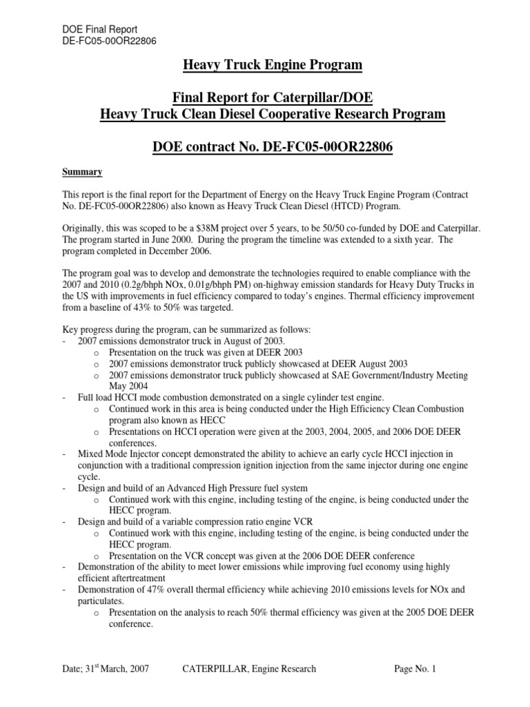 Heavy Truck Engine Program Final Report For Caterpillar/DOE Heavy Truck ...