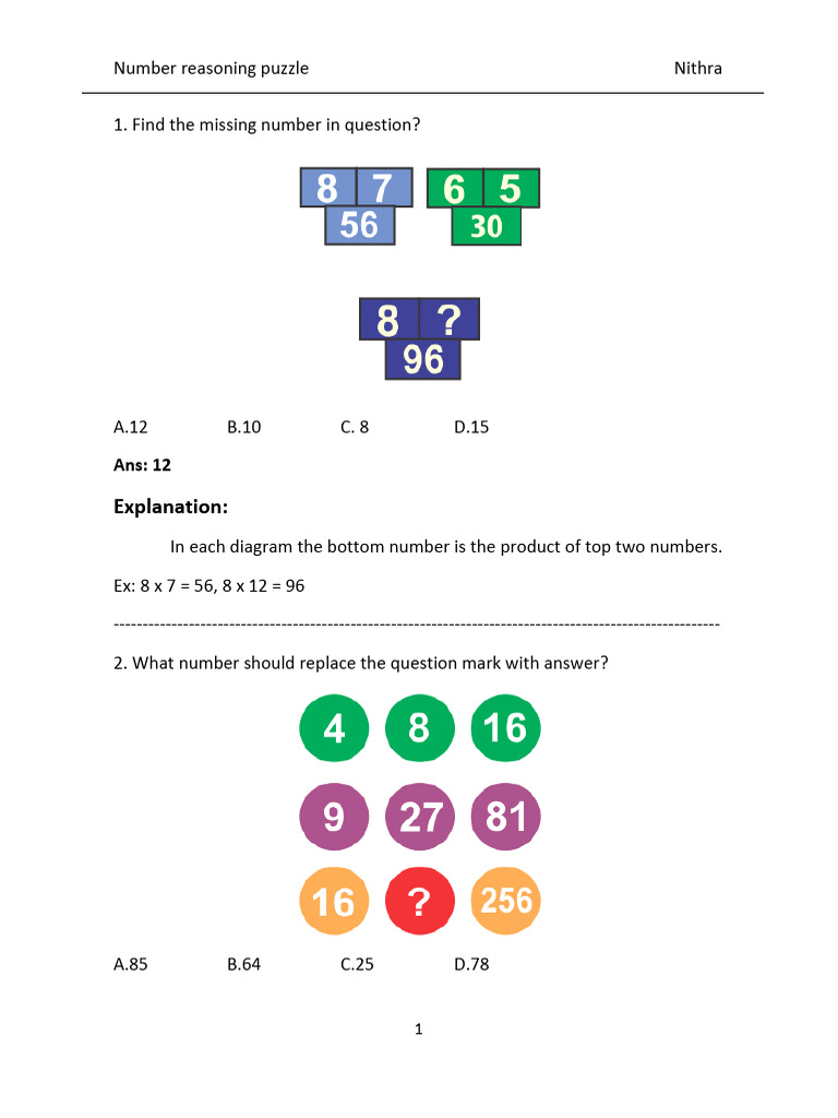 Number Reasoning Puzzles | PDF | Elementary Mathematics | Arithmetic