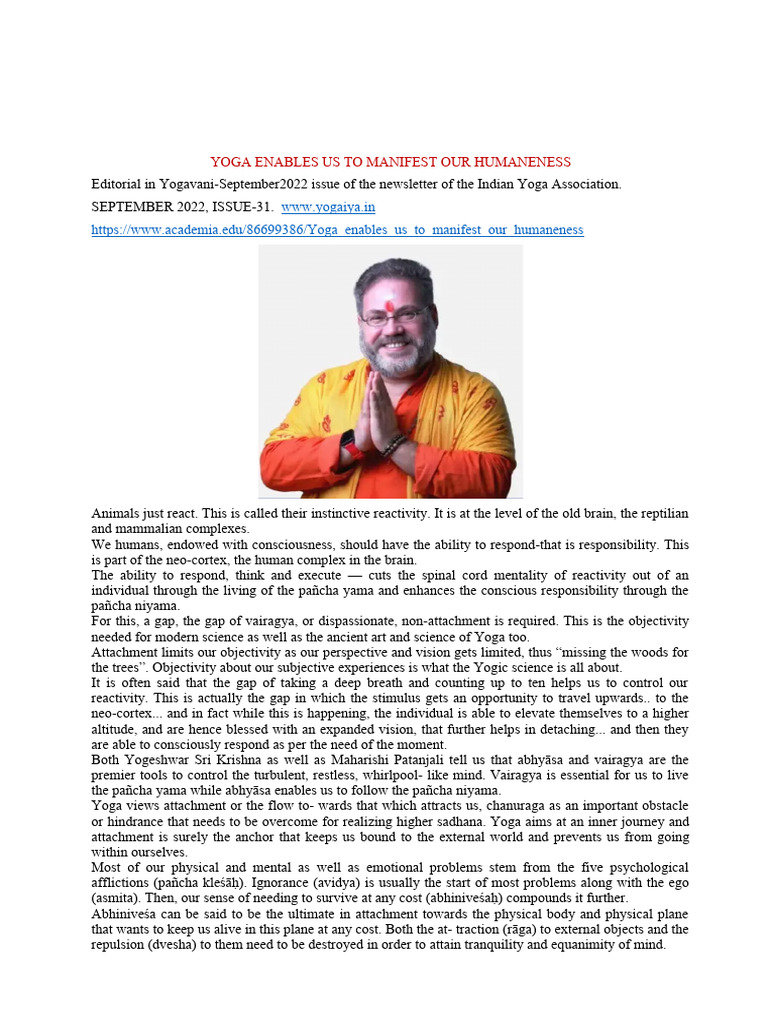 Yoga Enables Us To Manifest Our Humaneness | PDF | Yoga | Bhagavad Gita