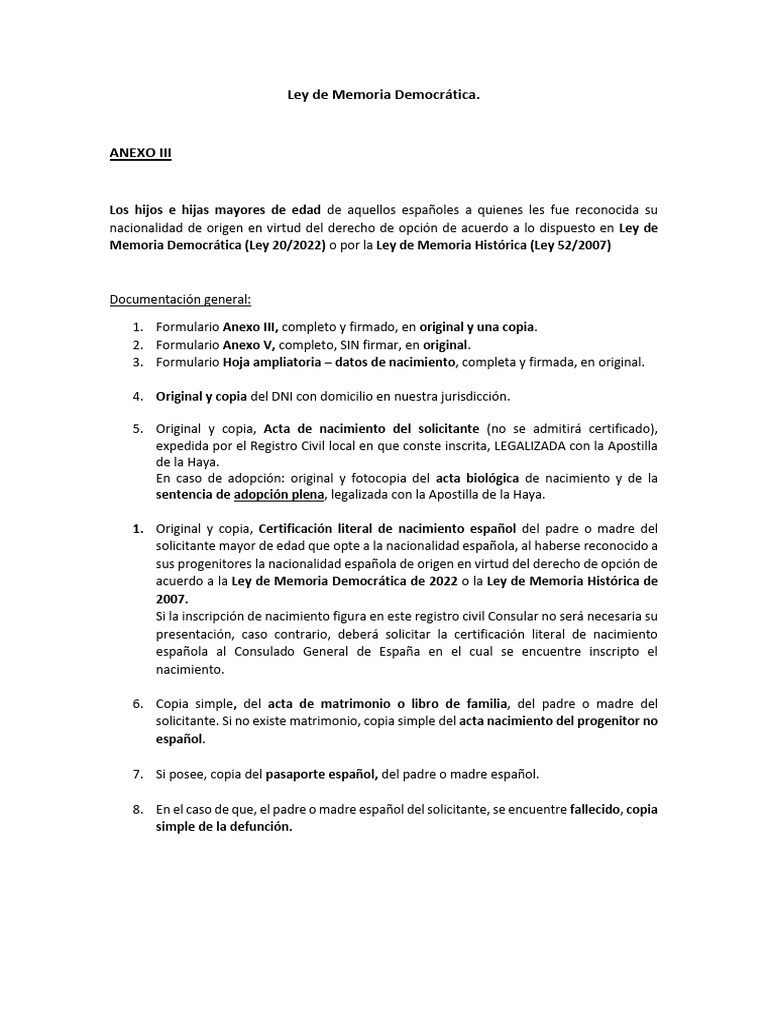 Anexo III. Instrucciones y Formularios | PDF | Certificado de nacimiento