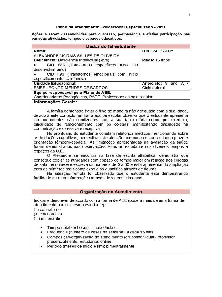 Modelo Plano de Aee | PDF | Educação Especial | Pedagogia