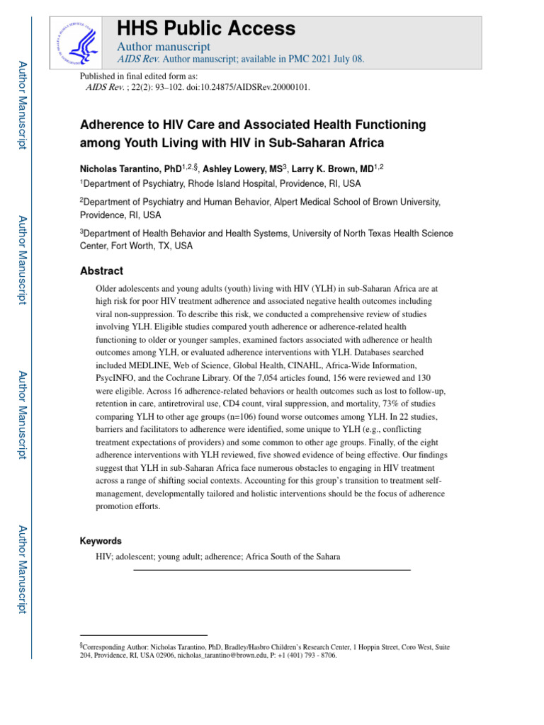 Adherence To HIV Care and Associated Health Functioning Among Youth ...