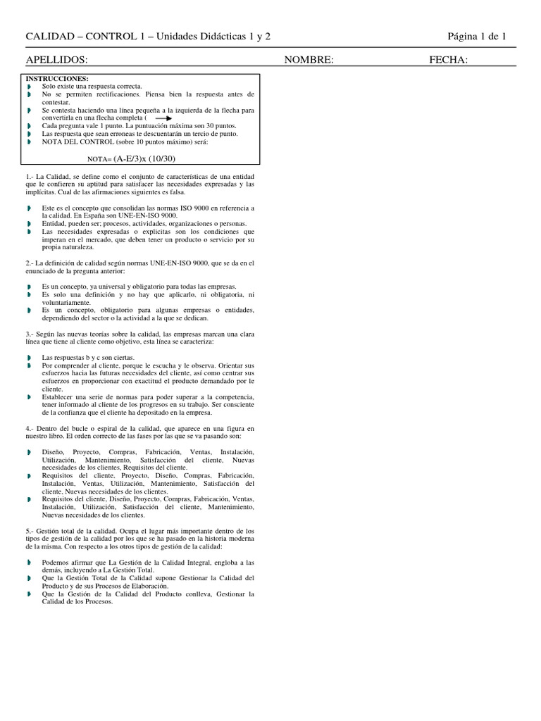 CONTROL - UD 1 y 2 | PDF | Calidad (comercial) | Gestión de la calidad