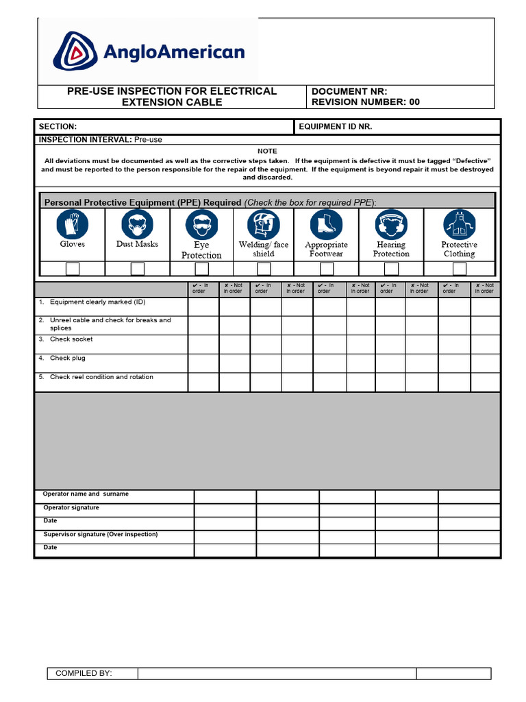 Kolomela Pre-Use Inspection For Elect. Extension Cable | PDF | Personal ...