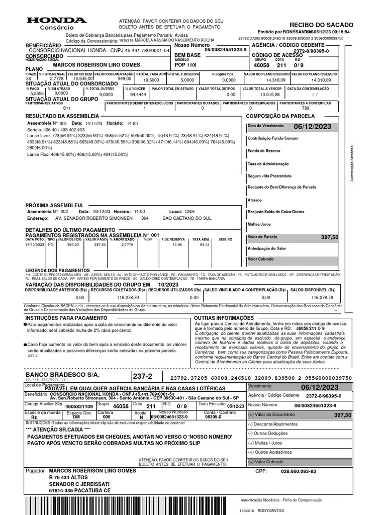 Recibo Do Sacado: CONSORCIO NACIONAL HONDA - CNPJ 45.441.789/0001-54 ...