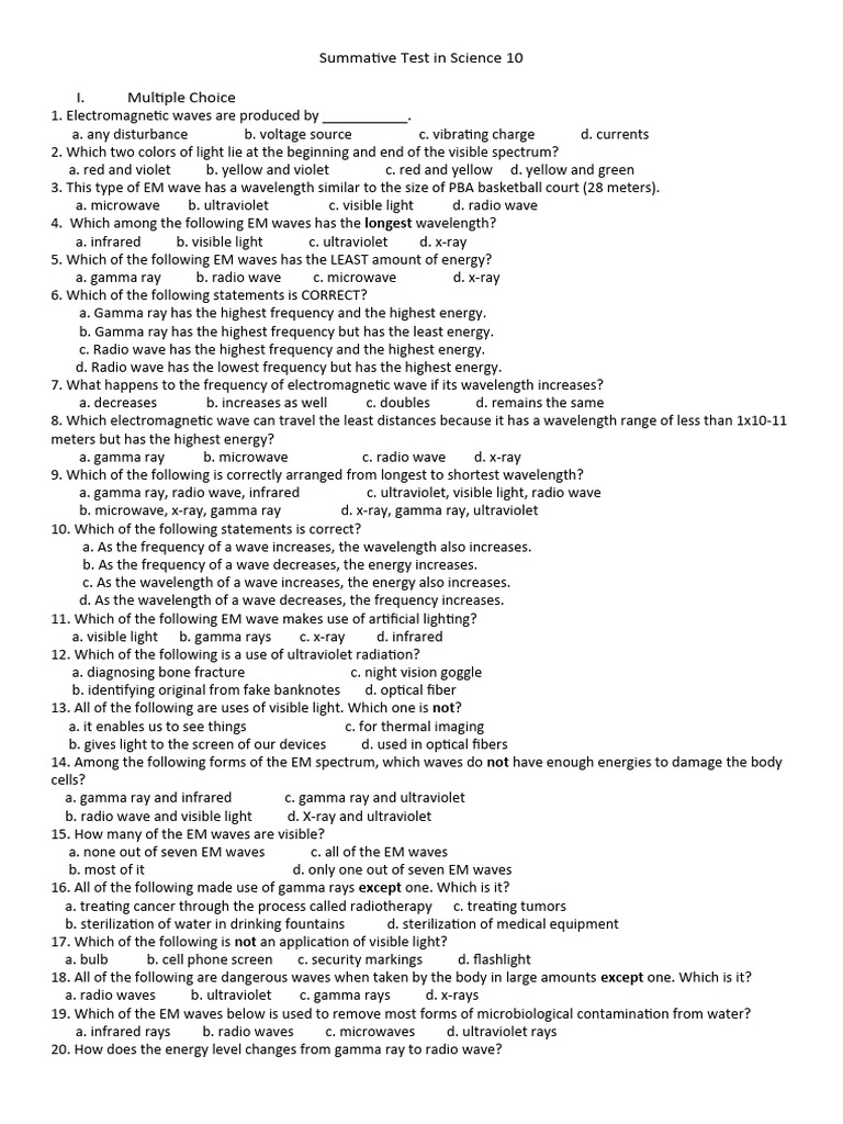 Science 10 Summative Test: EM Waves | PDF | Electromagnetic Radiation ...