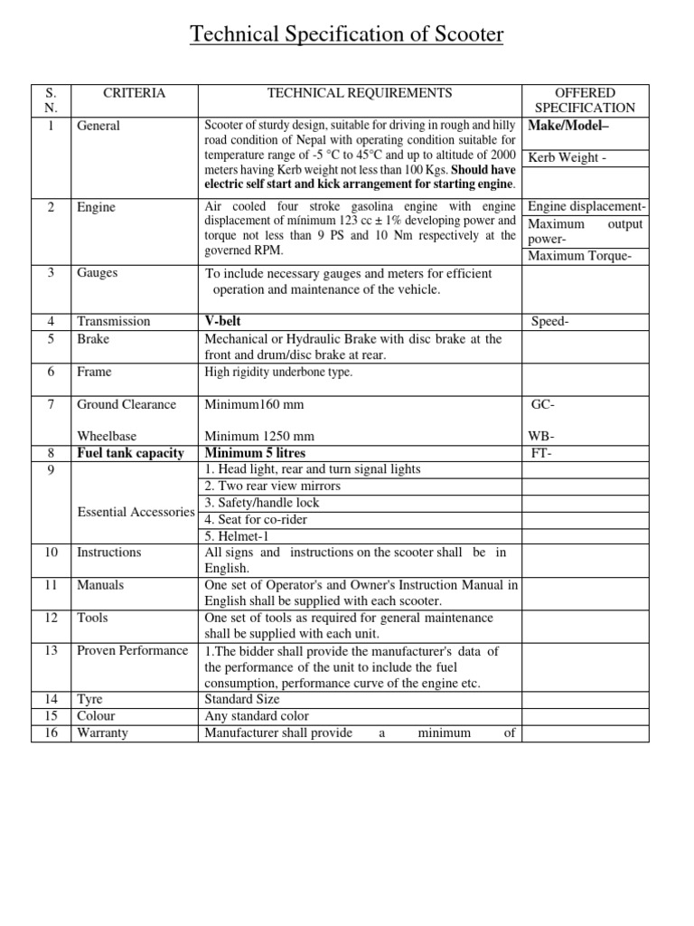 Technical_Specification_scooter | PDF | Engines | Vehicles