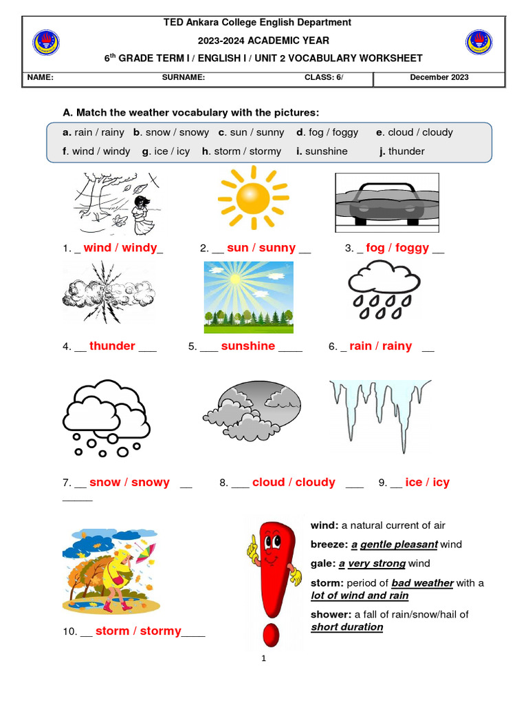 Weather Vocabulary Worksheet for 6th Grade | PDF | Rain | Celsius